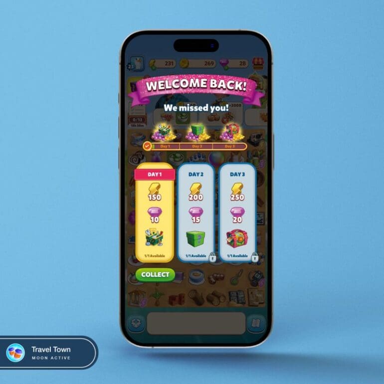 “Welcome Back!” screen from Travel Town by Moon Active!